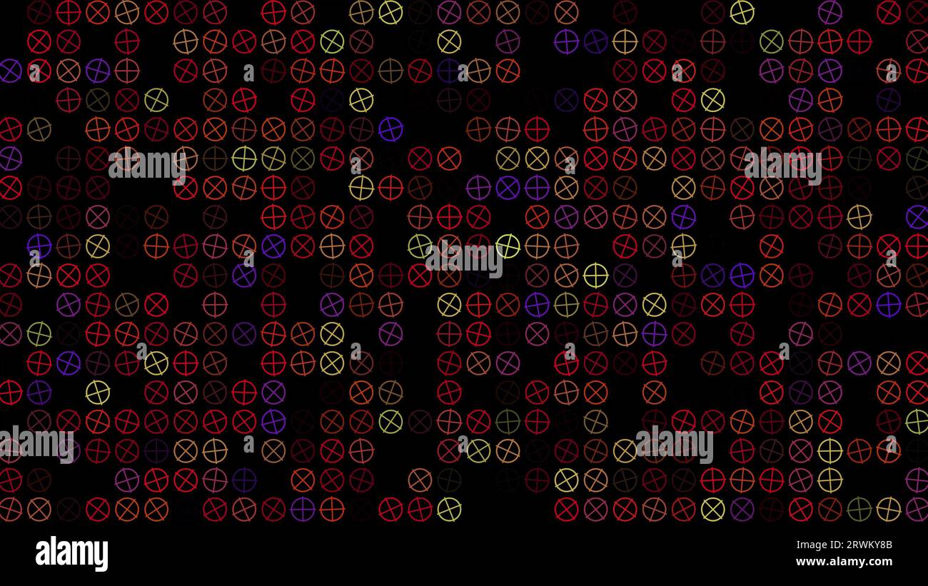 Colored flashing rotating cross-stitch circles on black bg. Abstract ...