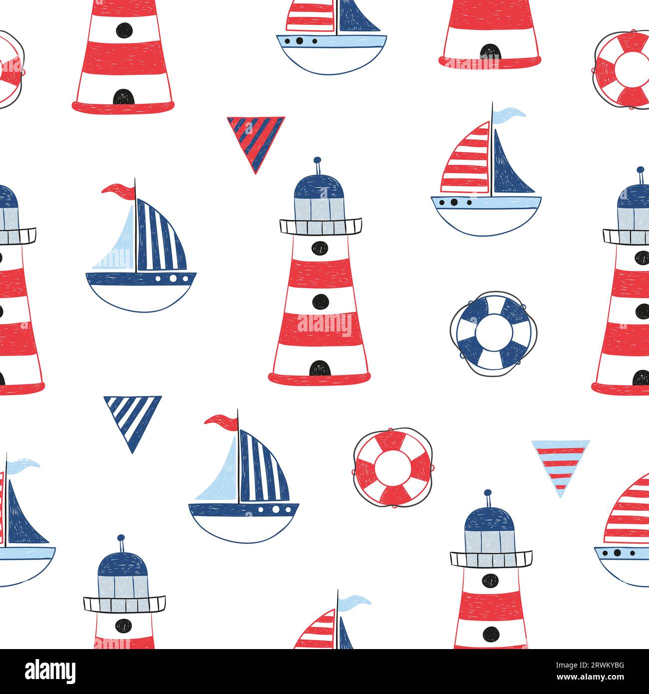 Doodle sea seamless pattern. Nautical vector illustration with cartoon boat, lighthouse and ...