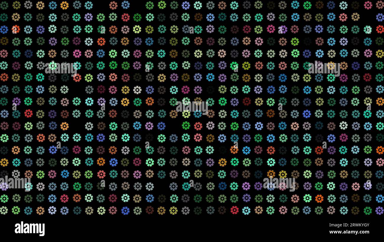 Colored flashing rotating Gear on black bg. Abstract festive background ...