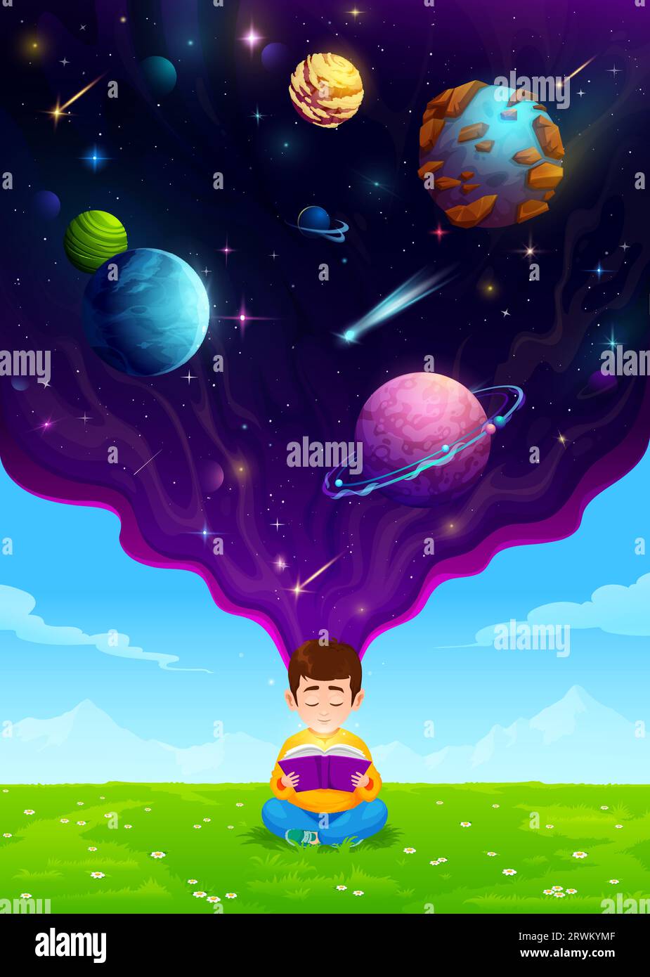 Cartoon child boy on meadow reading book and dreaming about universe ...