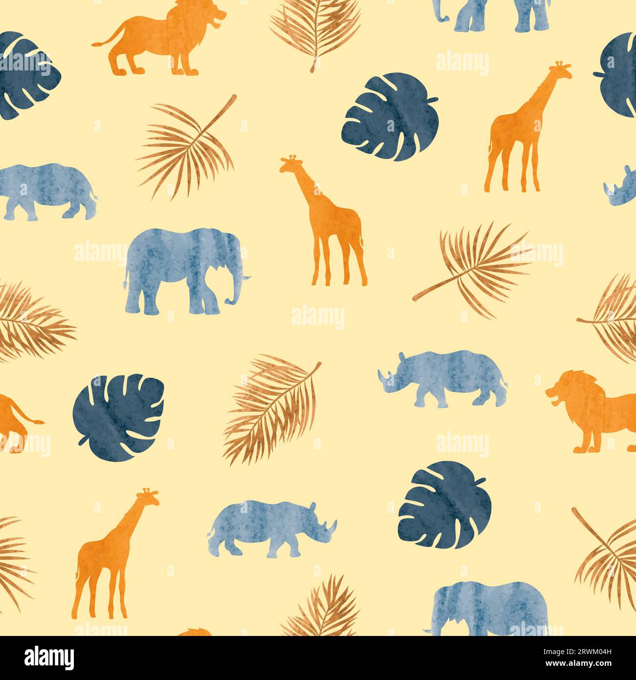 Seamless pattern with African animals silhouettes and tropical leaves ...
