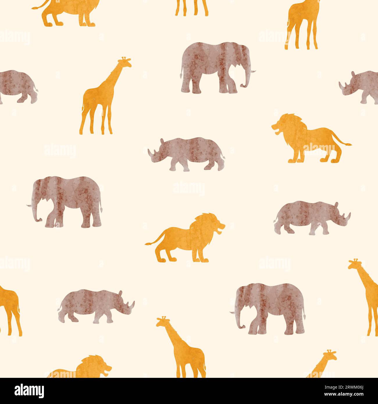 African animals silhouettes seamless pattern. Vector watercolor safari ...