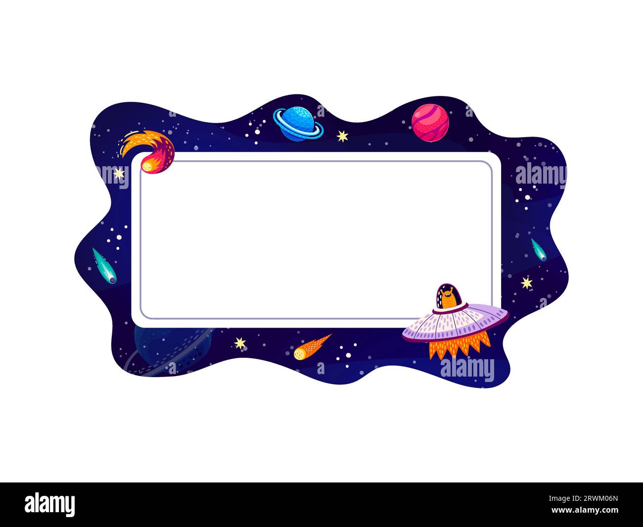 Cartoon frame with galaxy space planets and rockets in sky, vector copy ...
