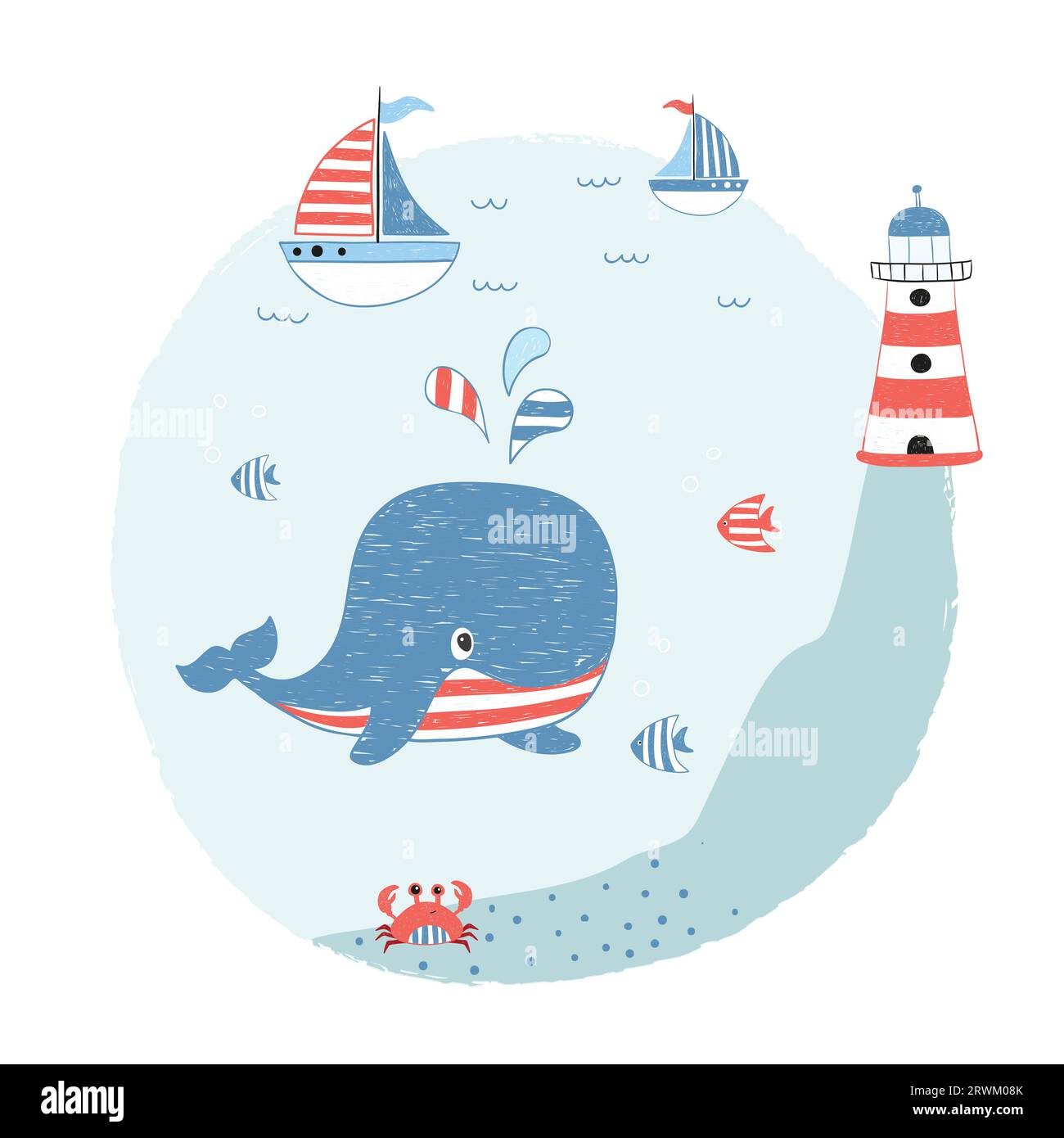 Cute whale and ships. Cartoon sea vector illustration. Marine poster ...