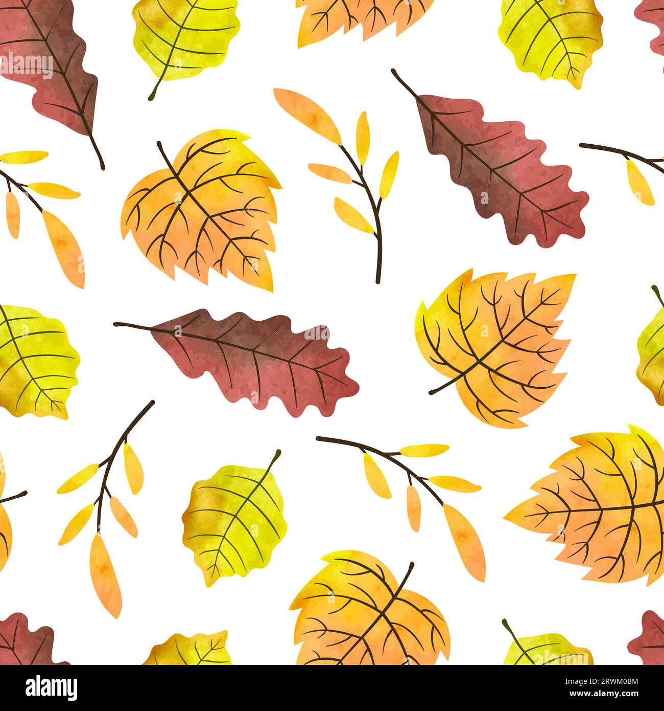 Seamless watercolor autumn leaves pattern. Vector fall background with ...