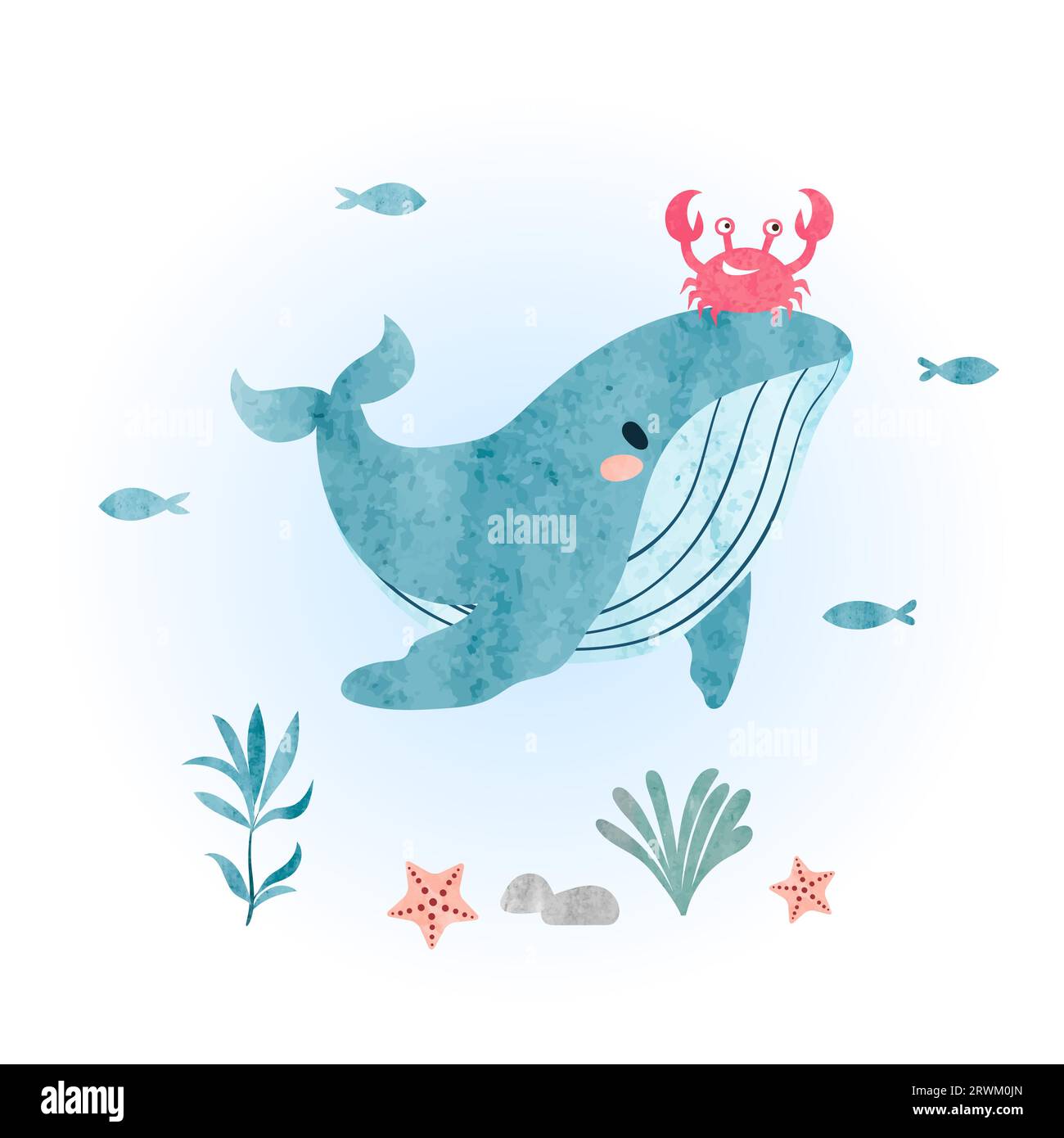 Cute cartoon whale and crab. Marine vector watercolor illustration. Sea ...