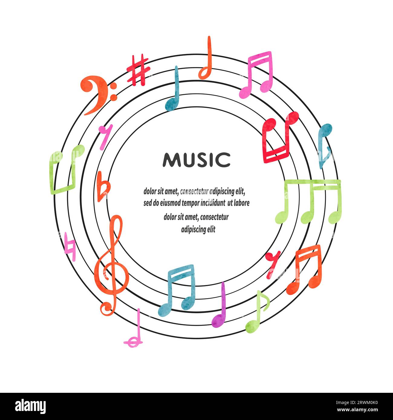 Colorful circle music vector illustration. Watercolor musical notes ...