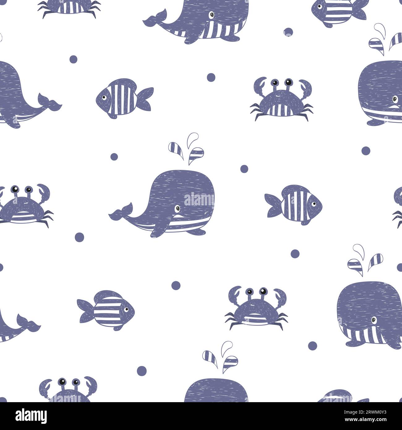 Seamless marine pattern with hand drawn whales, crabs and fish. Sea ...