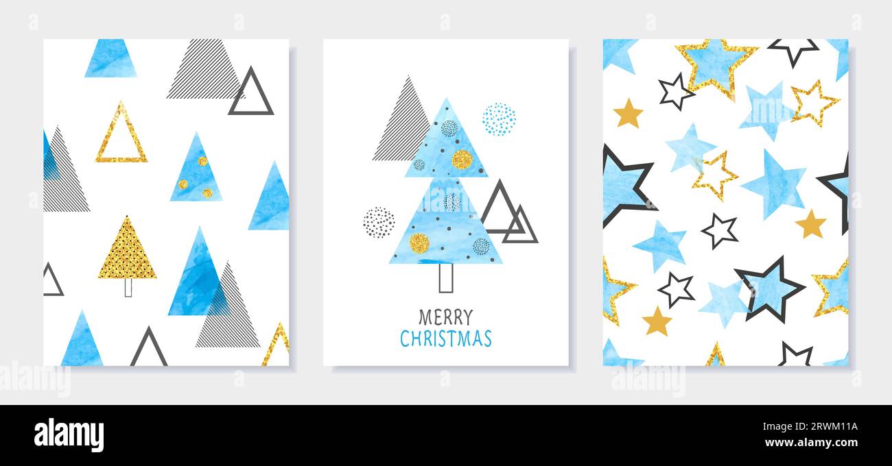 Merry Christmas cards design in retro style. Stylized vector watercolor ...