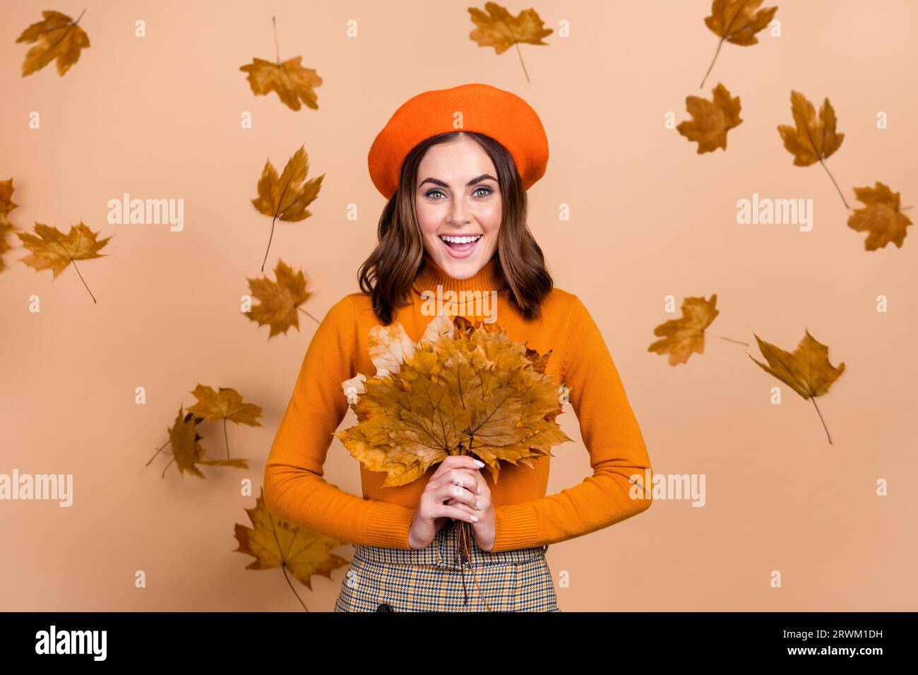 Photo of overjoyed cute lady hand hold bouquet enjoy good weather ...