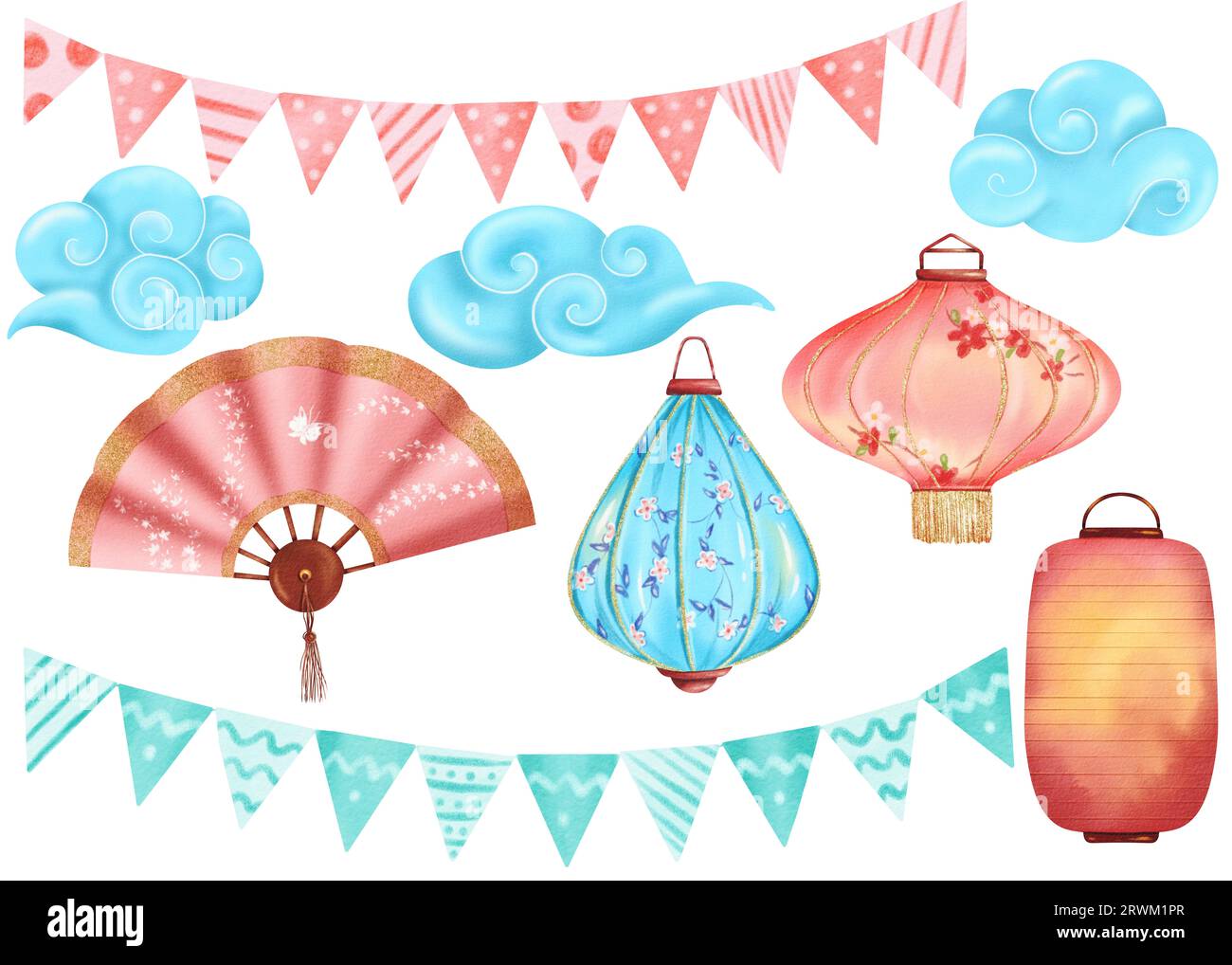 Watercolor set of isolated elements: cloud, fan festive garland paper ...