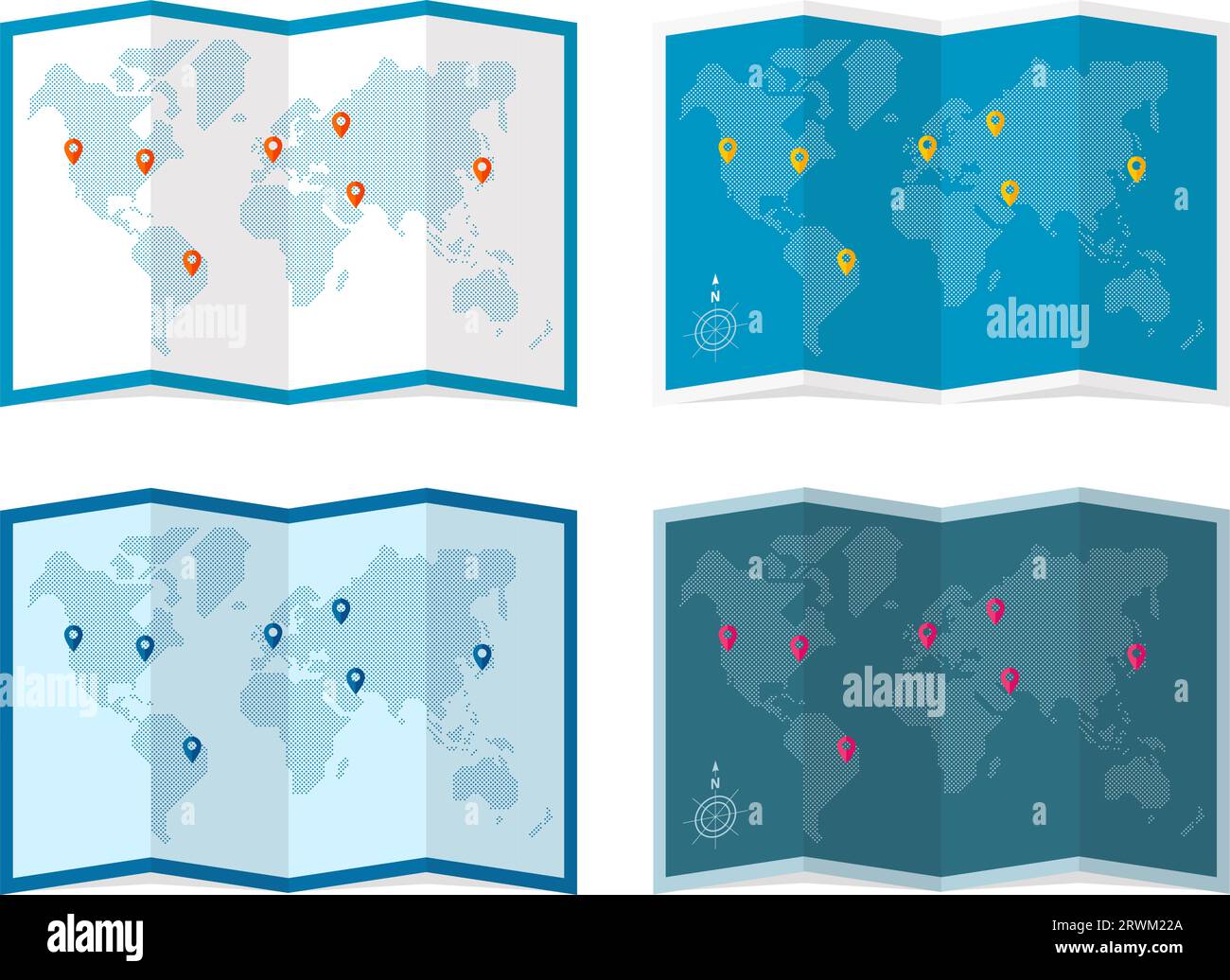 Vector illustration of four-fold world map ( drawn with circular dots ...
