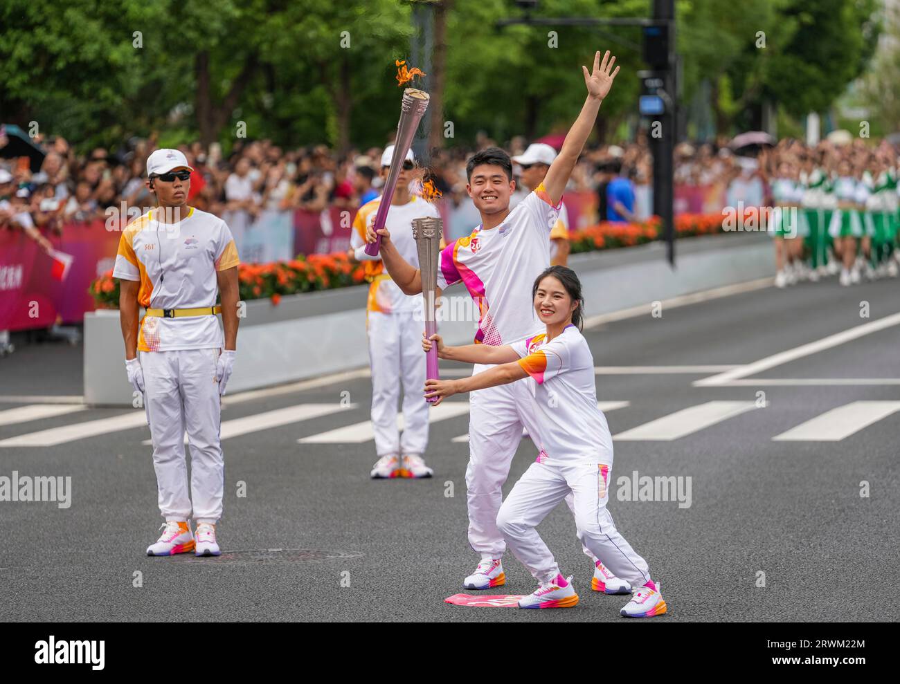 Hangzhou, China's Zhejiang Province. 20th Sep, 2023. Torch bearers Wu Yibing (L) and Jiang ...