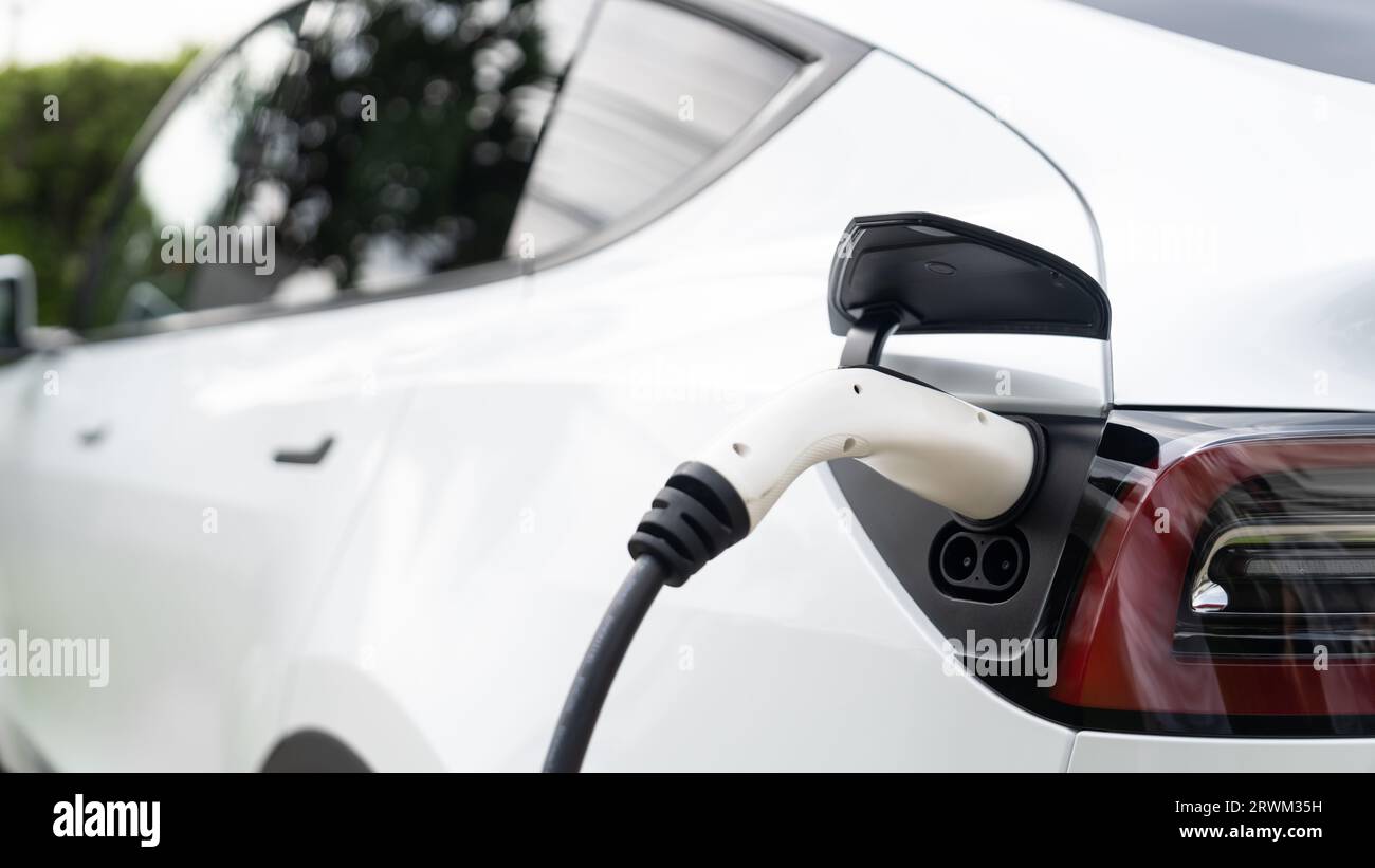 Closeup EV charger plug handle attached to electric vehicle port ...