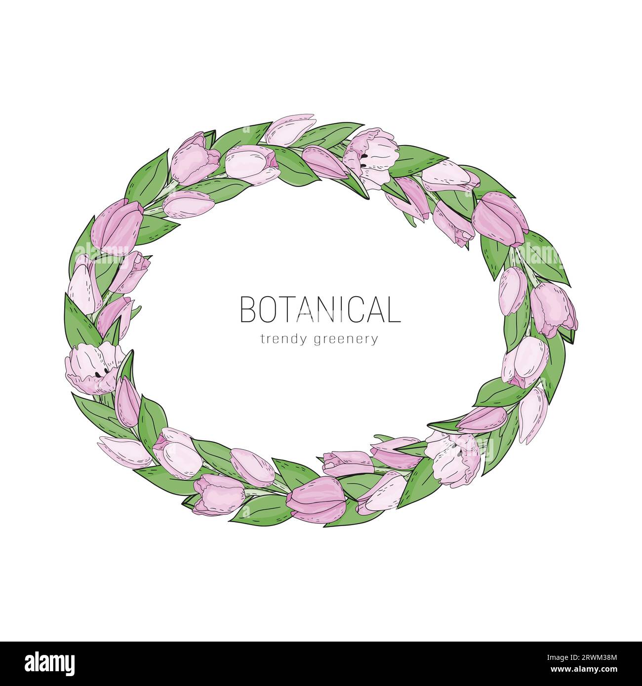 Hand drawn vector floral frame with pink flowers tulips, branch and ...
