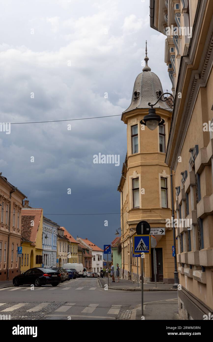 View on Strada Tribunei in Sibiu, Transylvania, Romania with tower of ...