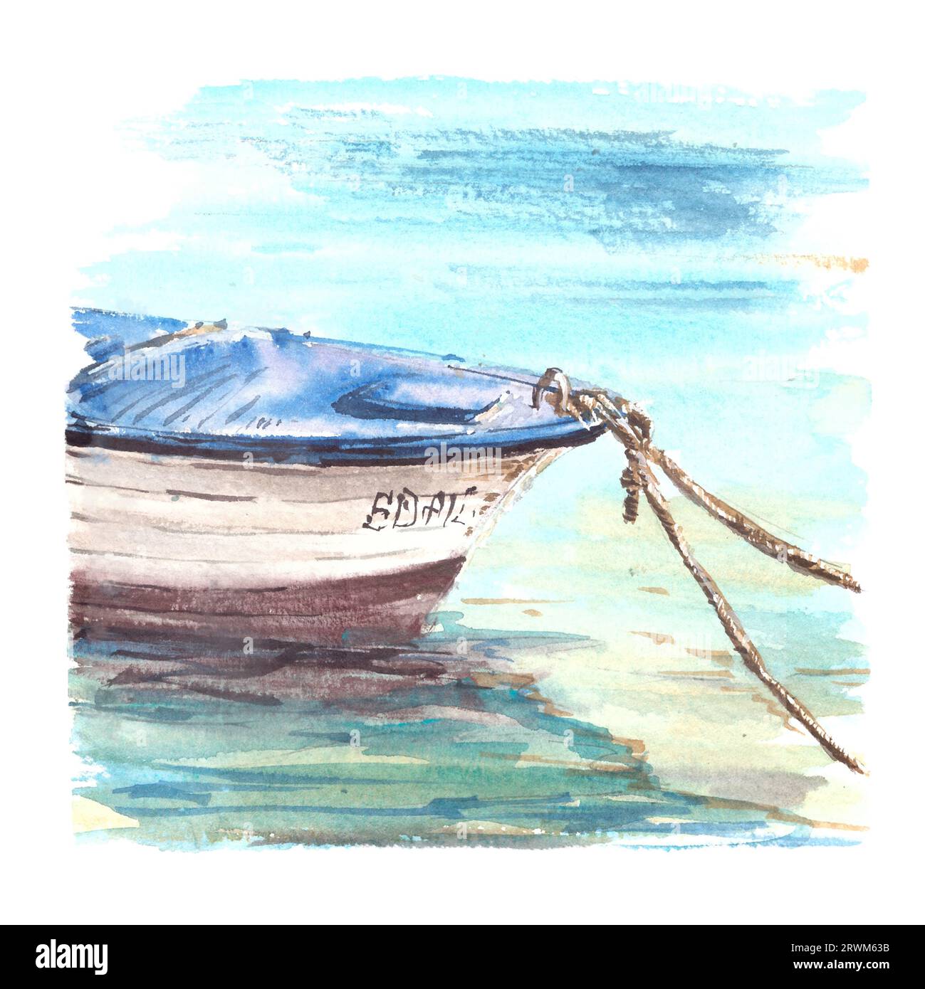Watercolor hand-drawn maritime illustration Fishing boat at sea with ...