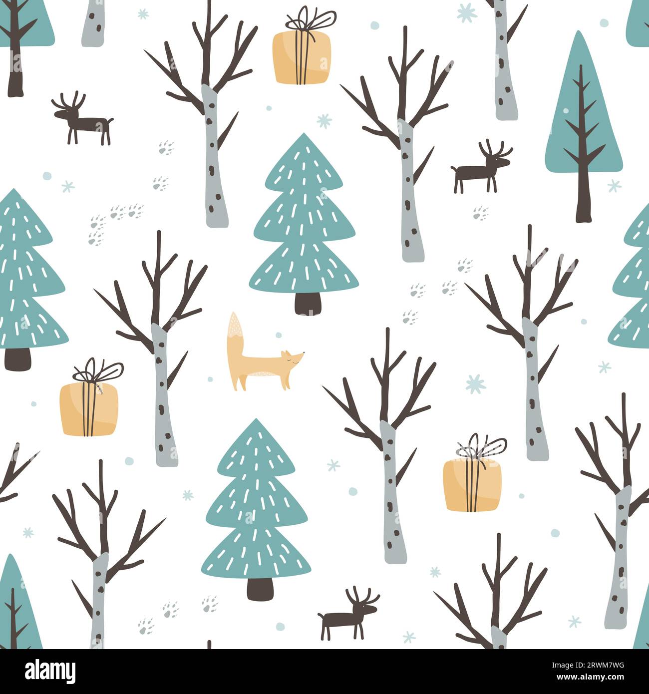 Winter seamless pattern with doodle hand drawn birch and fir trees ...