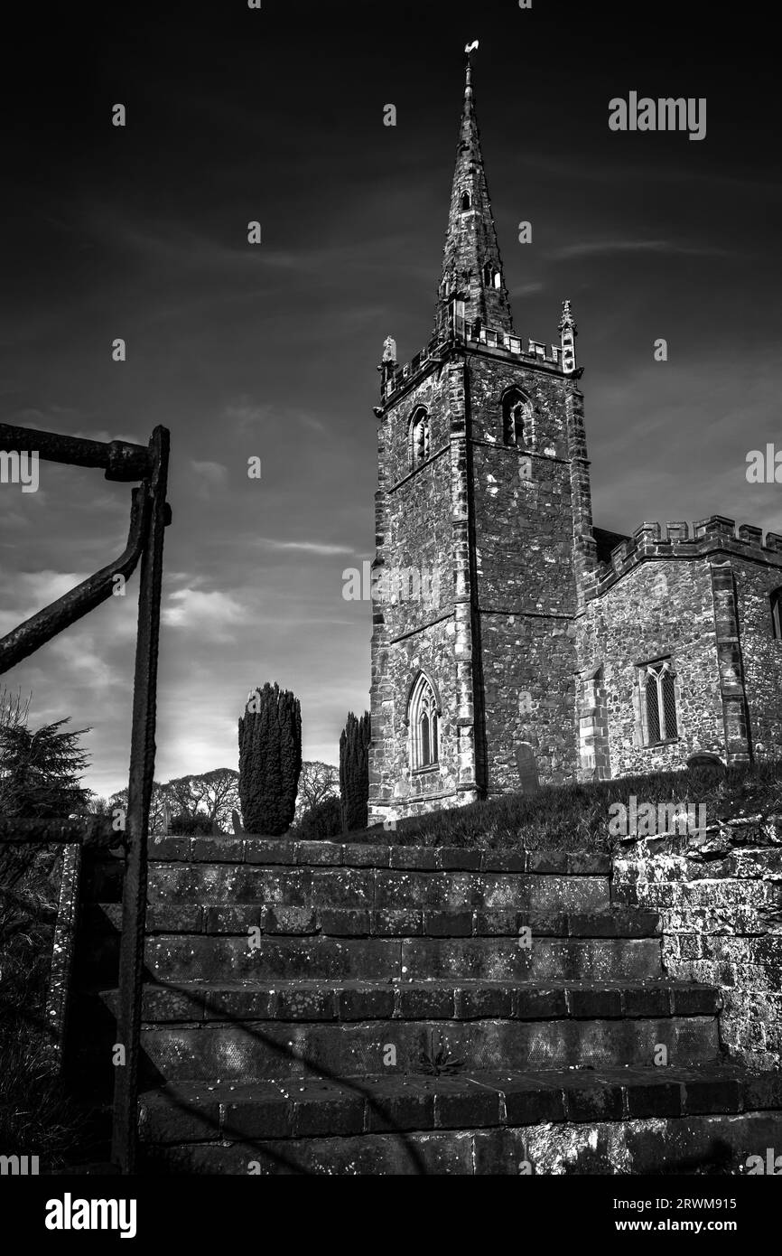 Peckleton Church in black and white view from low position looking up ...
