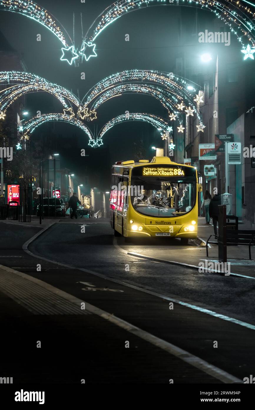 Leicester city bus at night Stock Photo - Alamy