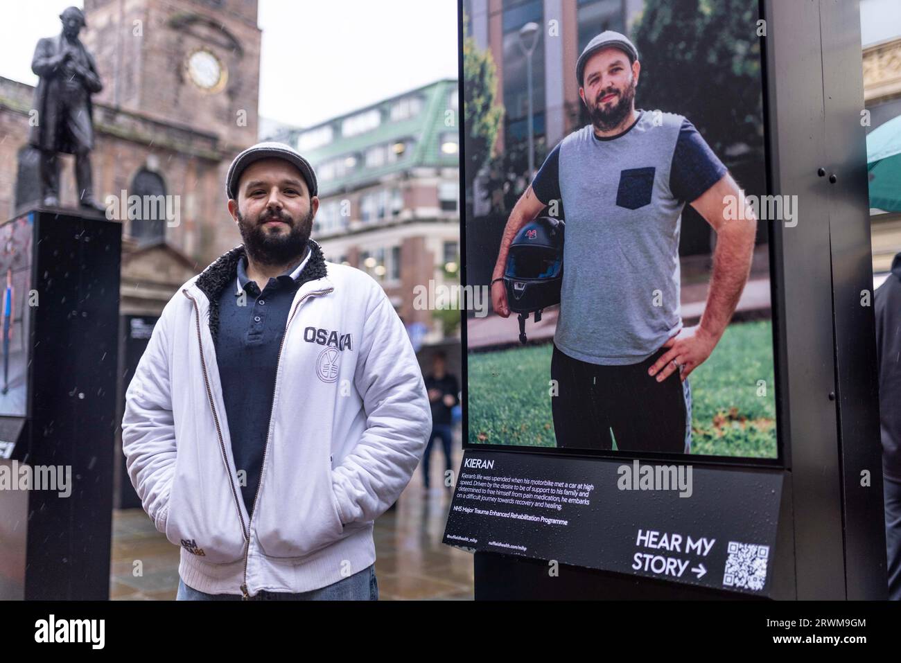 EDITORIAL USE ONLY Kieran Griffiths stands with his portrait at the ...