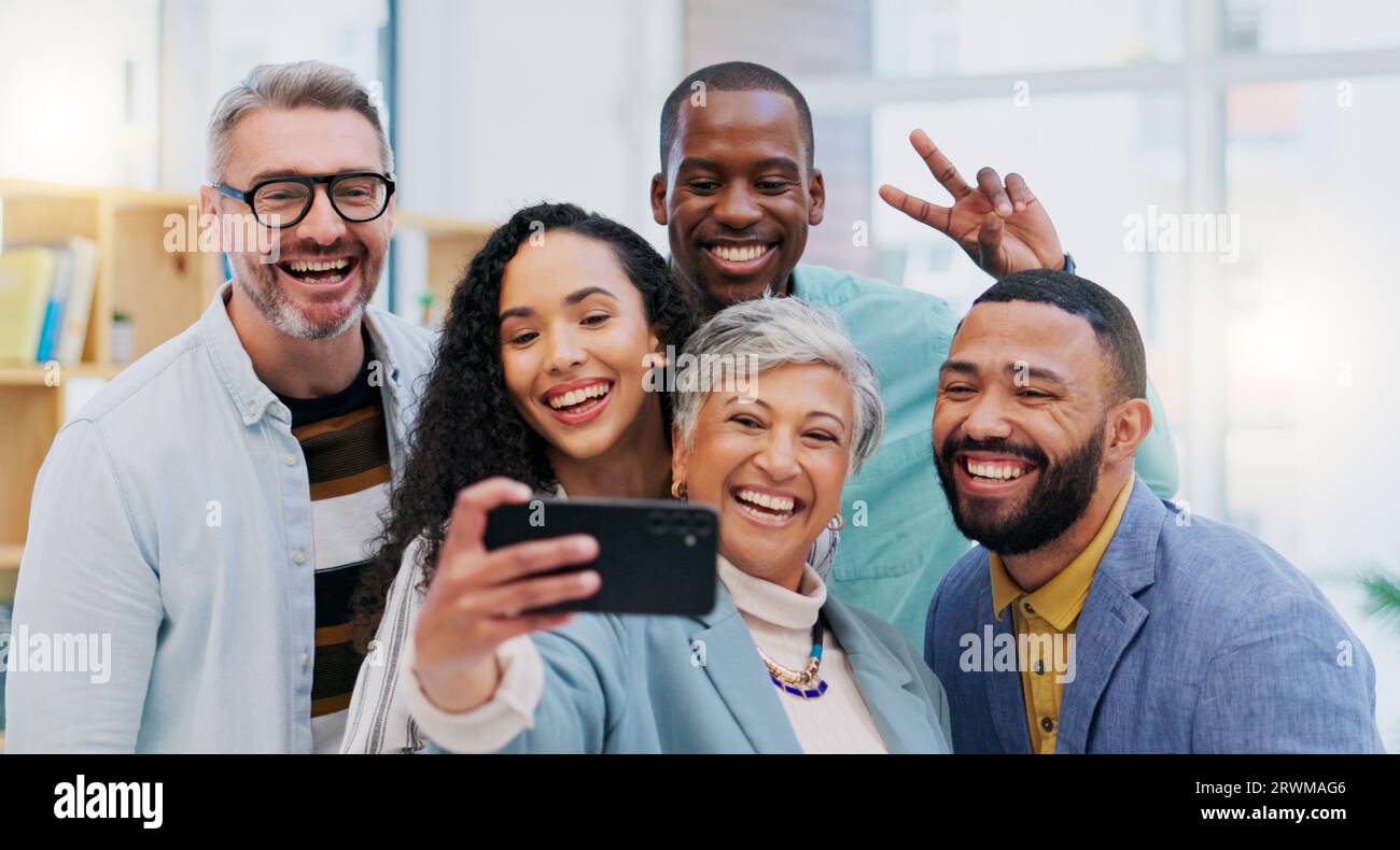 Creative people, selfie and team building in meeting for photo, memory ...