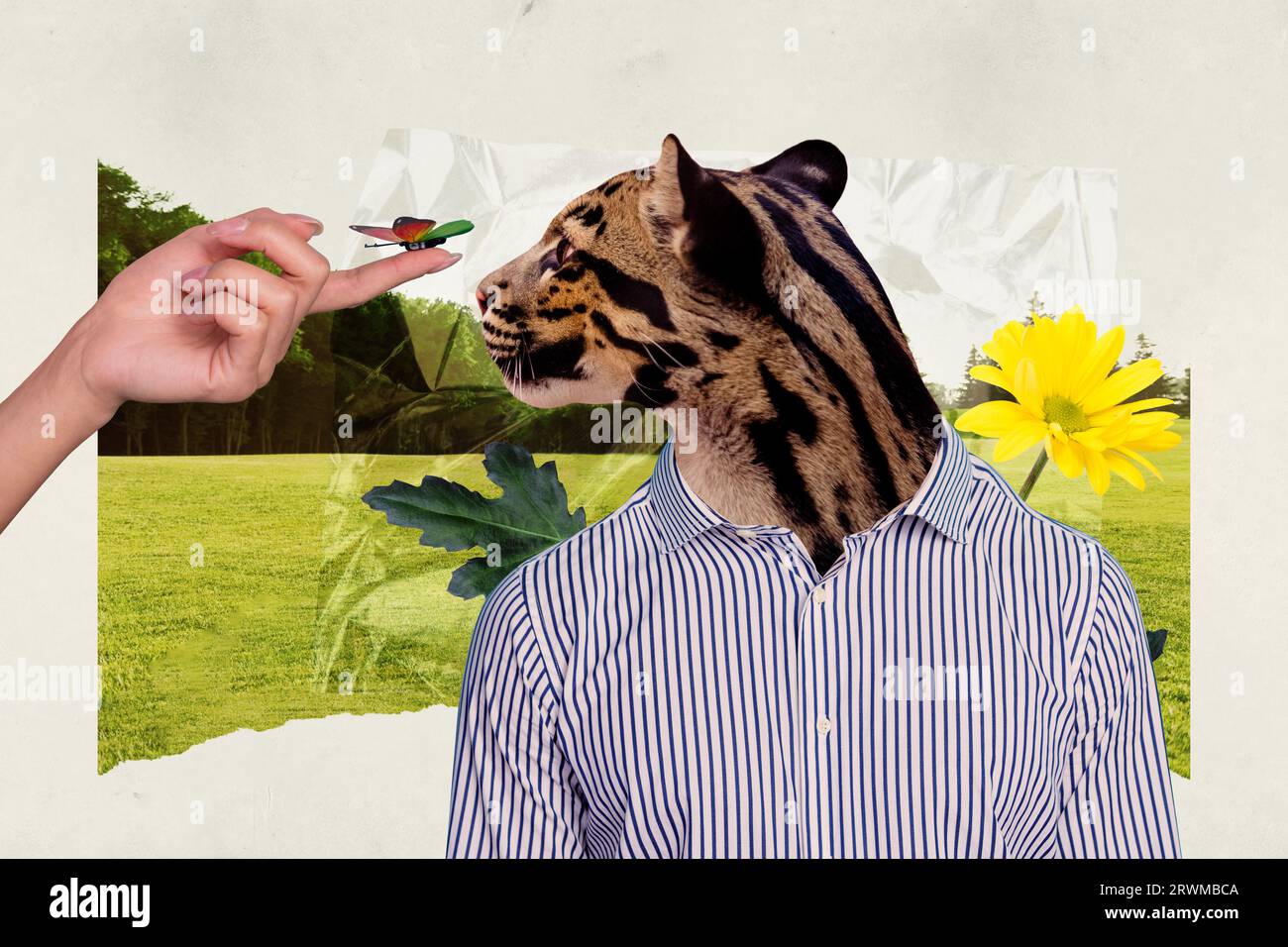 Picture surreal image collage of weird creature with tiger head dressed ...