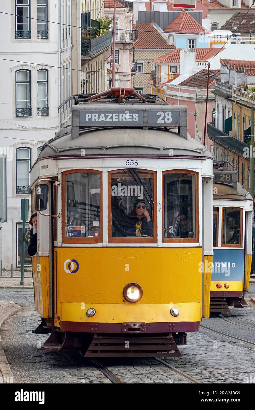 Portugal, Lisbon, The yellow tram 28 is one of the famous icons of ...