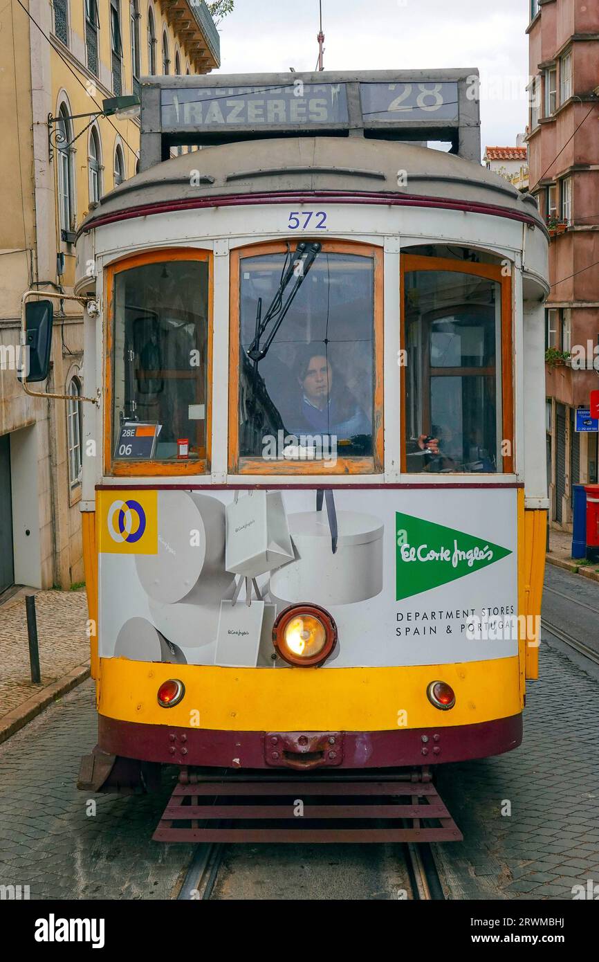 Portugal, Lisbon, The yellow tram 28 is one of the famous icons of ...