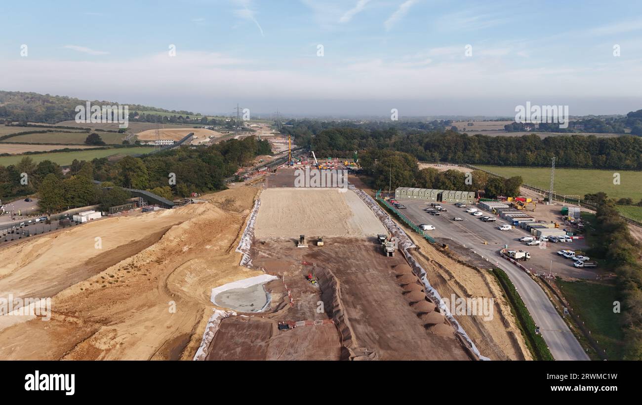An aerial view of the HS2 Construction progress in Wendover ...