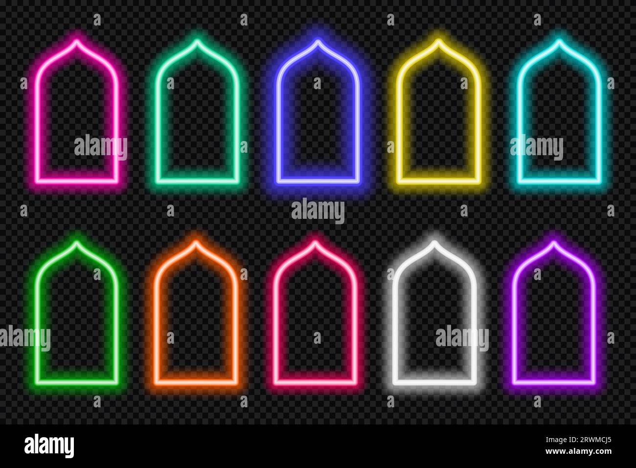Neon shape Islamic door and window silhouette Glowing arabic arch ...