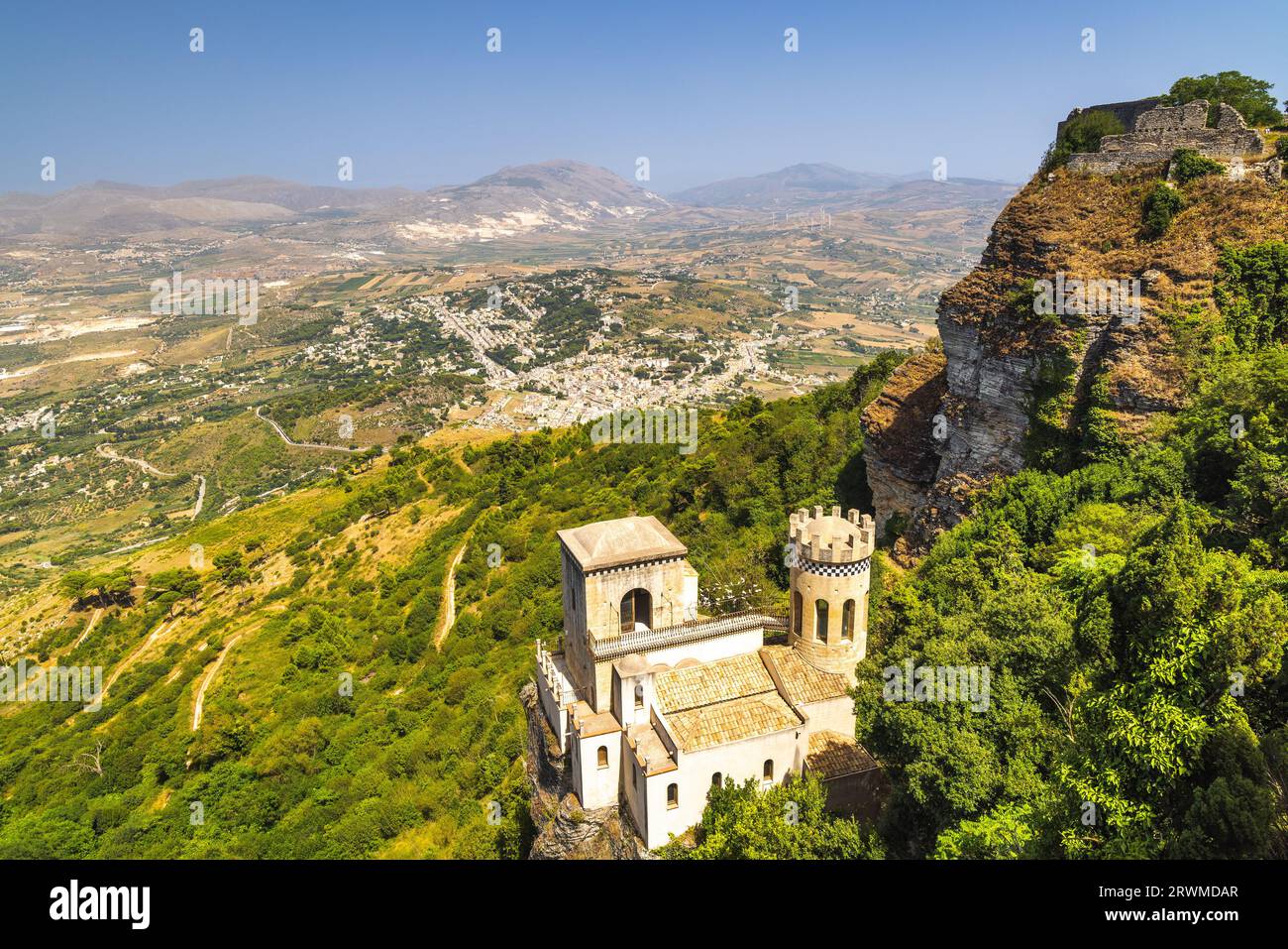 Scenic view from Erice at countryside with Torretta Pepoli chateau in ...