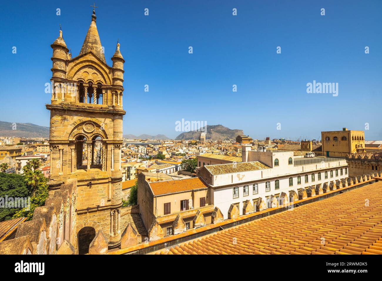 Palermo Cathedral, view of tower with cityscape from roof of cathedral ...