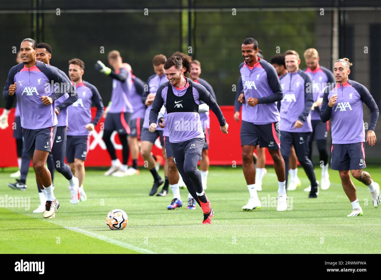 Liverpool's Andrew Robertson (centre) and team-mates during a training ...