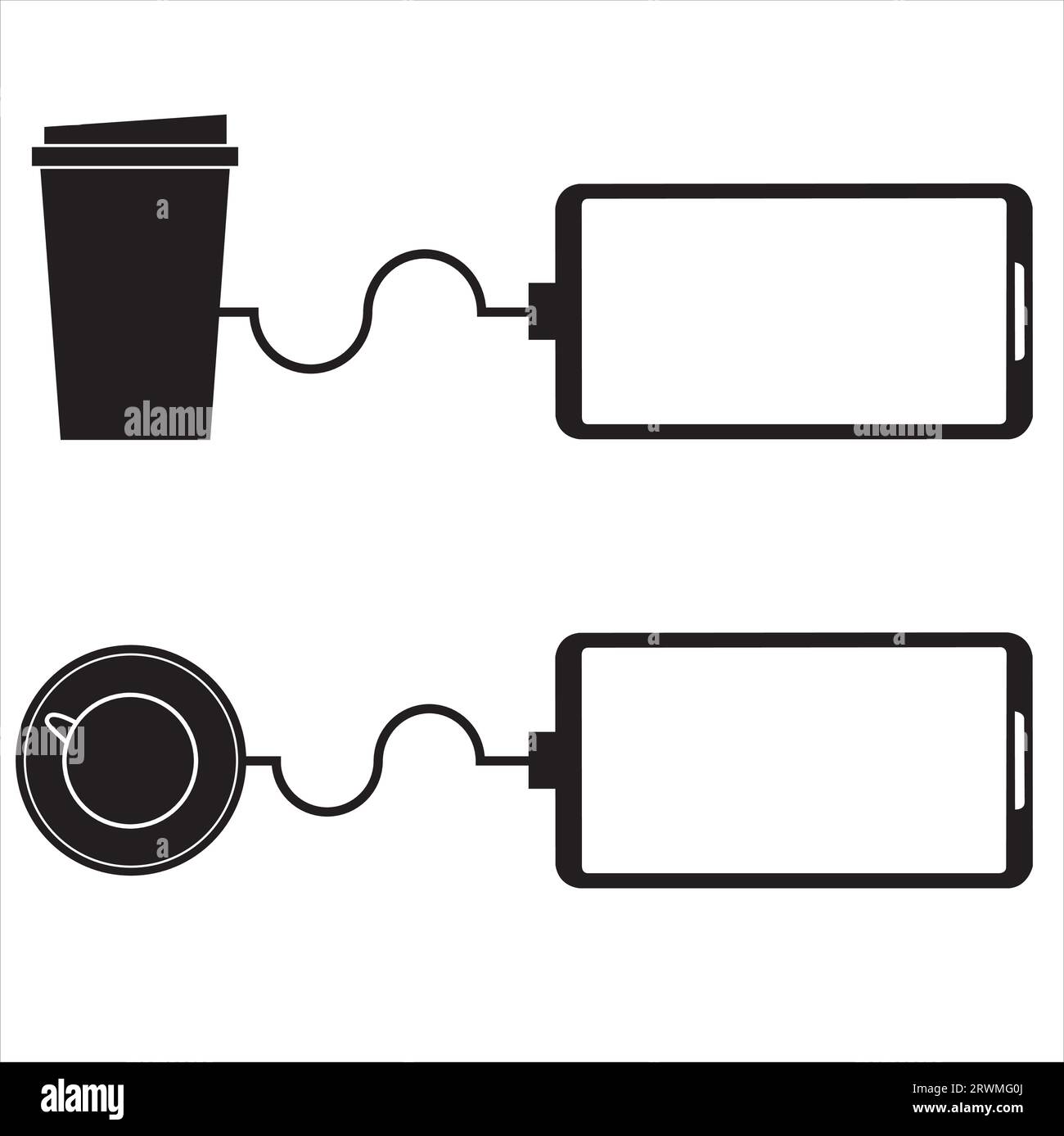 Smartphone plugged to a cup and a glass of coffee on a white background ...
