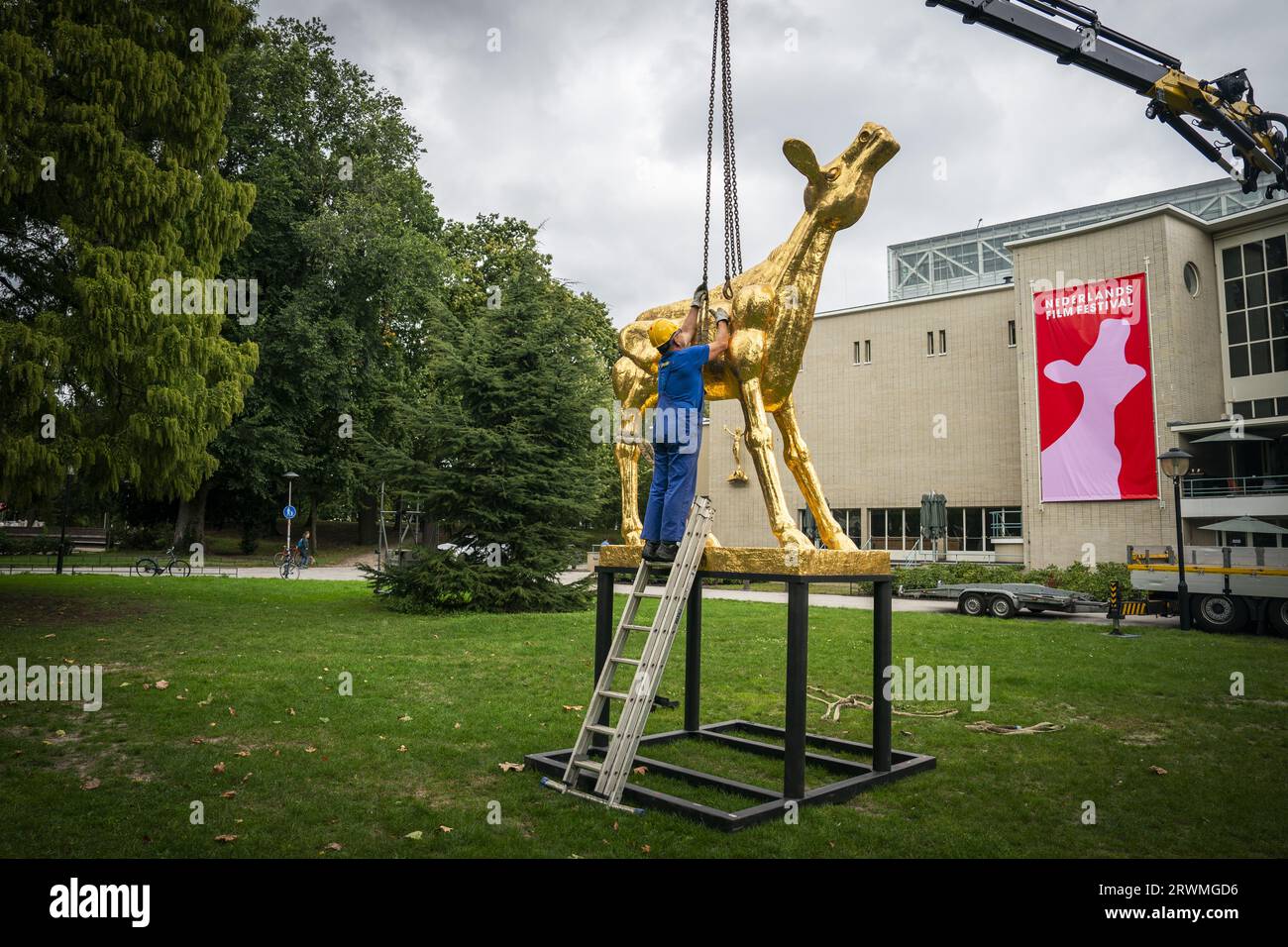 UTRECHT - The installation of the large Golden Calf statue, the icon of ...