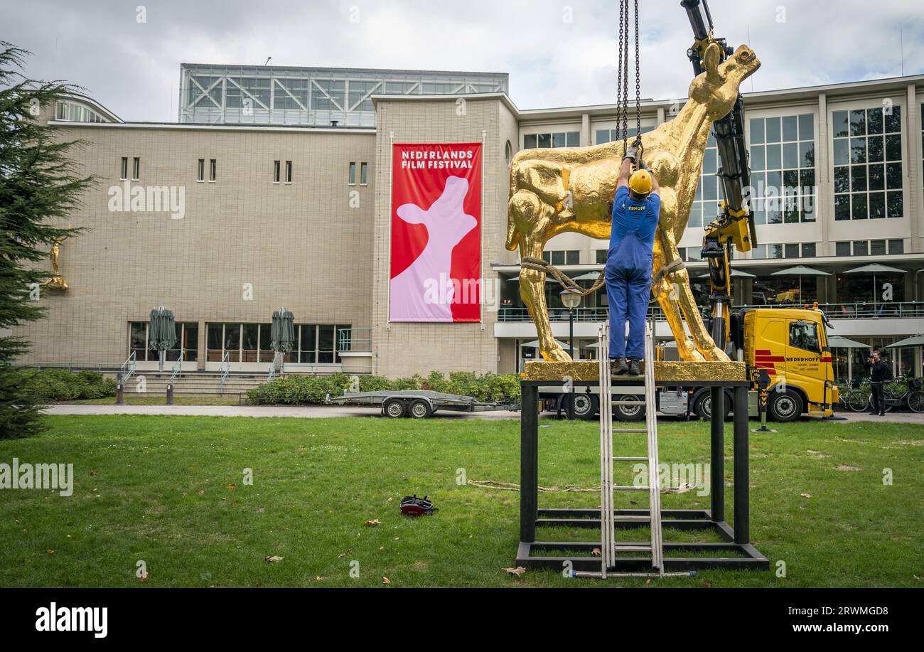UTRECHT - The installation of the large Golden Calf statue, the icon of ...