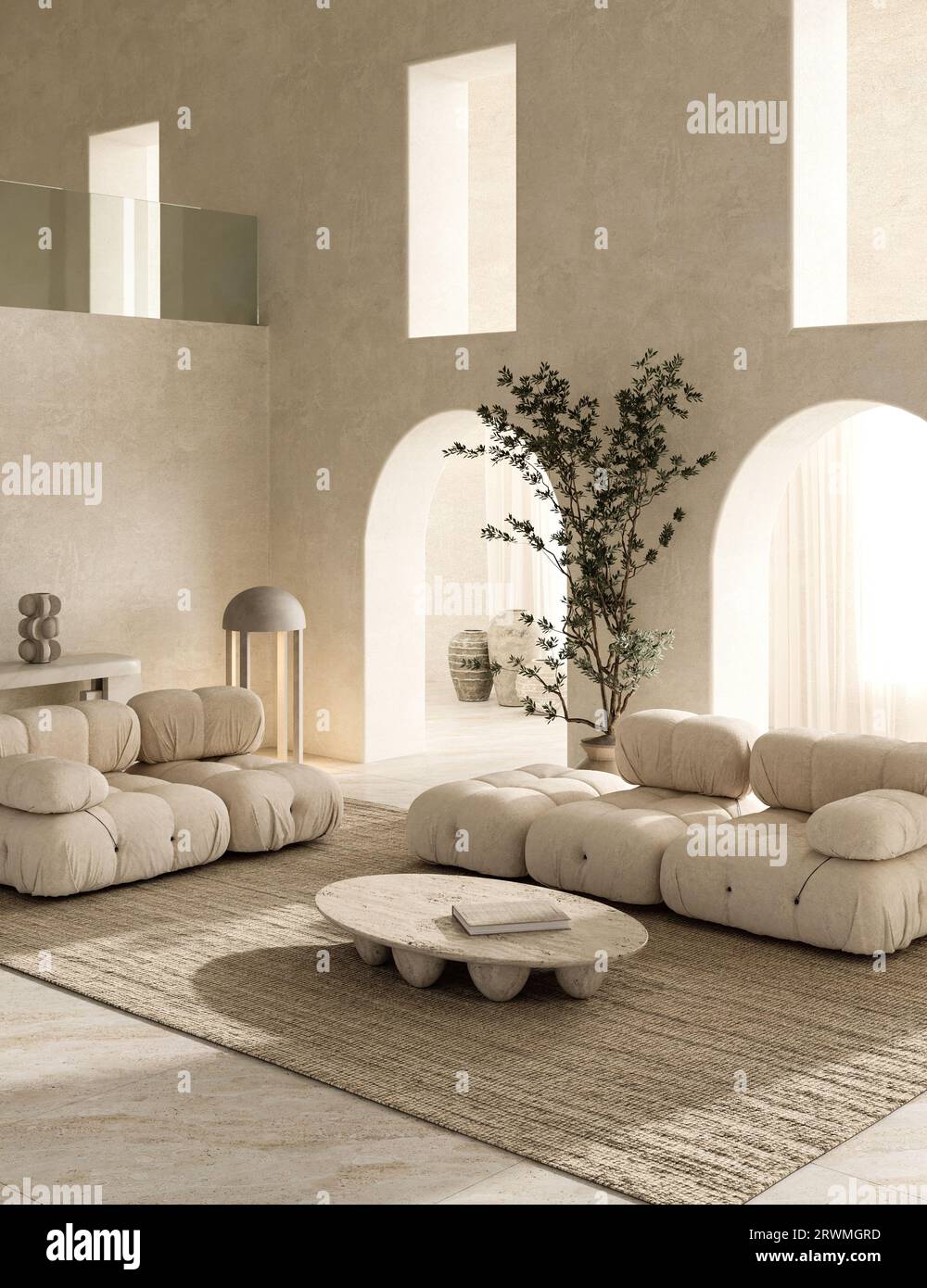 Boho beige livingroom with atrium, tree and windows background. Light ...