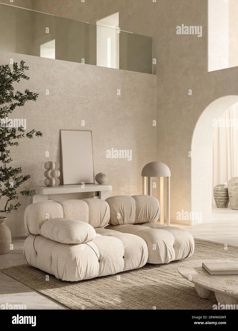 Boho beige livingroom with atrium, tree and windows background. Light ...