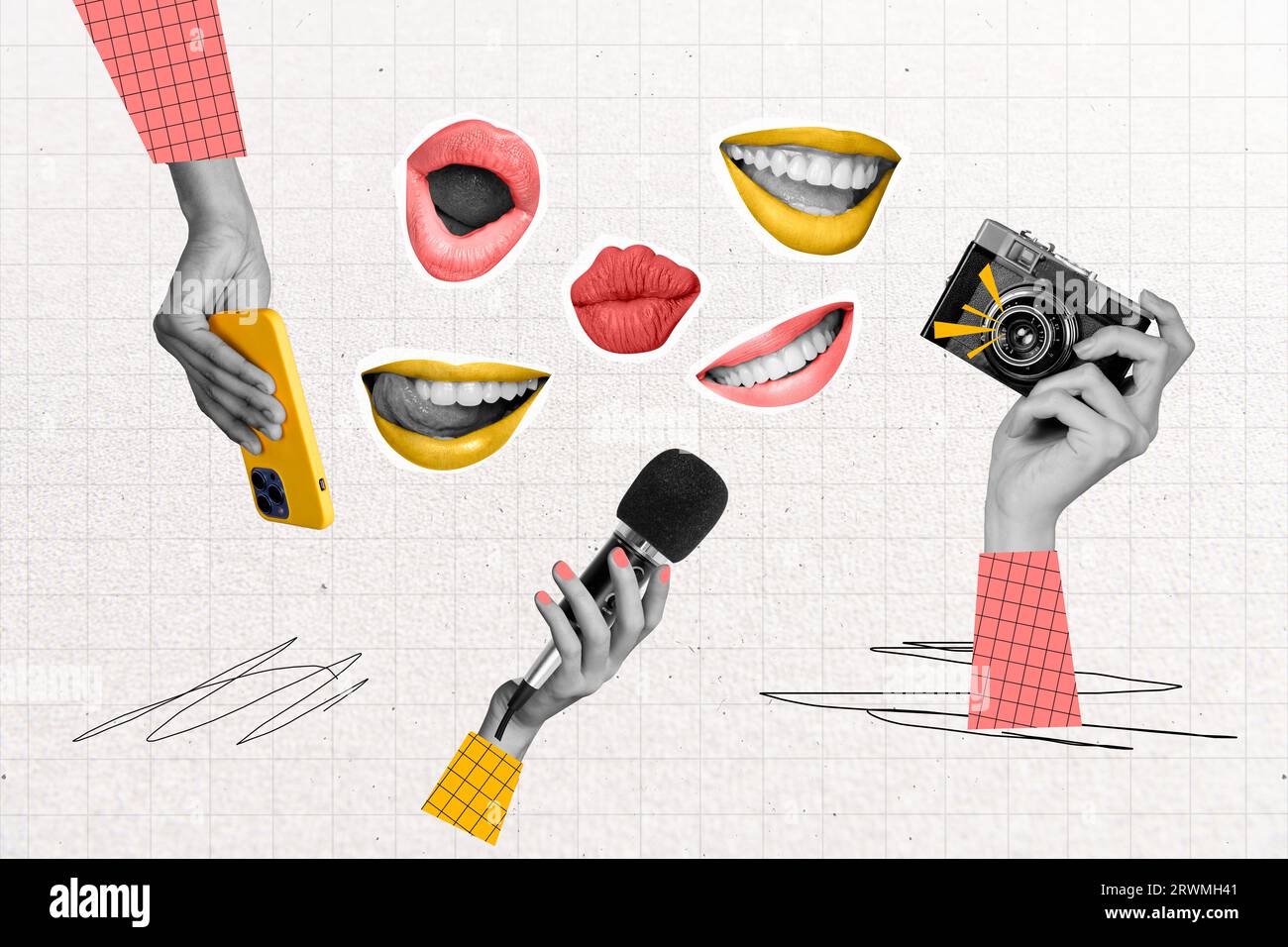 Creative collage picture of black white colors arms hold smart phone ...