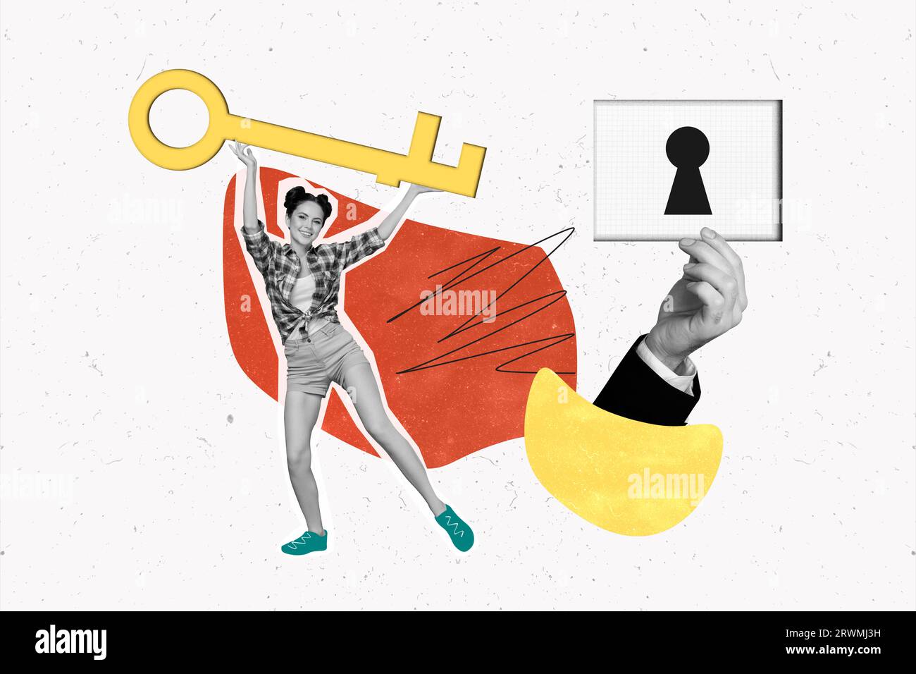 Collage picture of excited mini black white colors girl hold big key ...