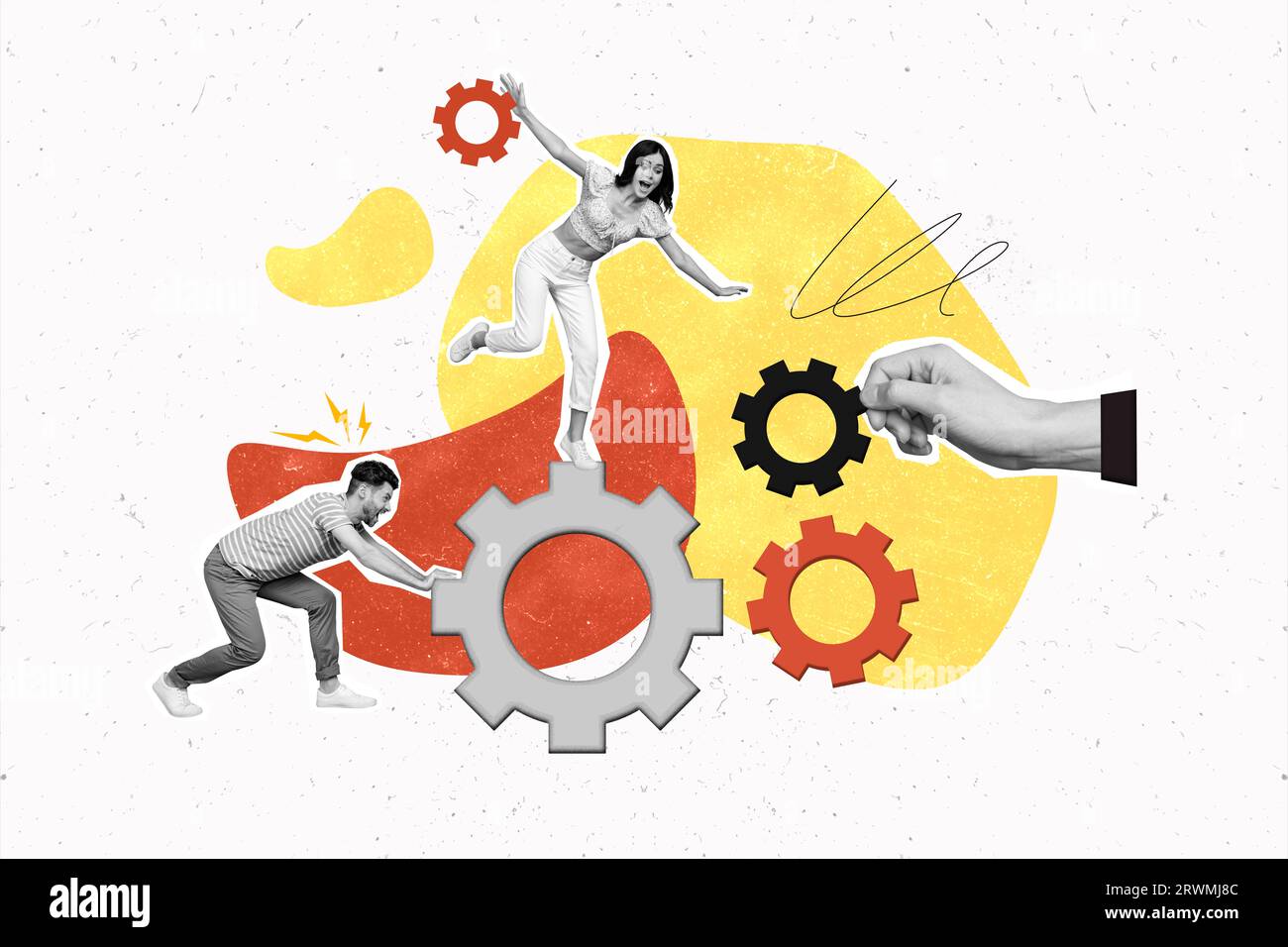 Creative collage banner of two colleagues young man with partner intern ...