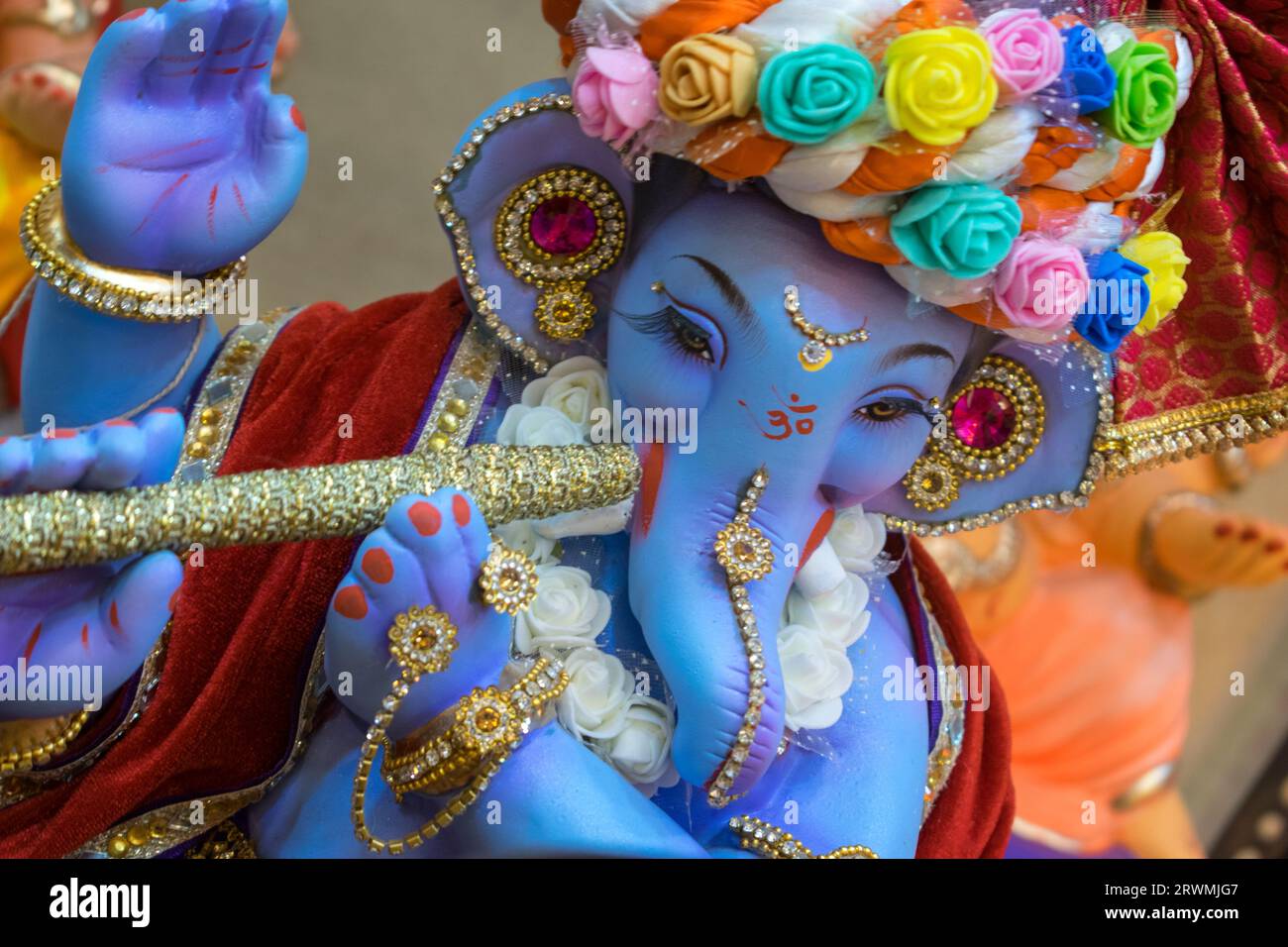 A beautiful idol of Lord Ganpati on display at a workshop in Mumbai ...