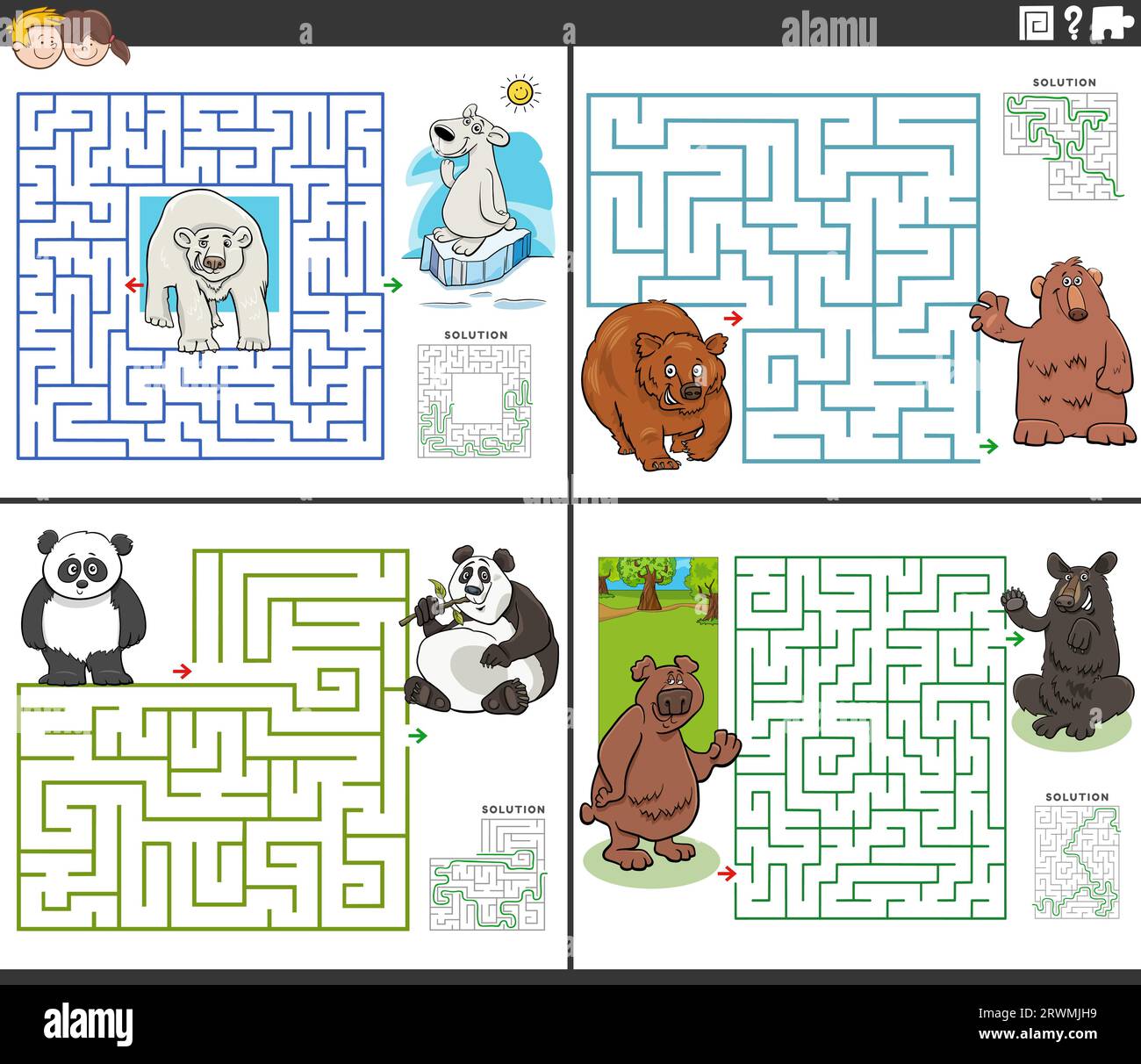 Cartoon illustration of educational maze puzzle activities set with ...