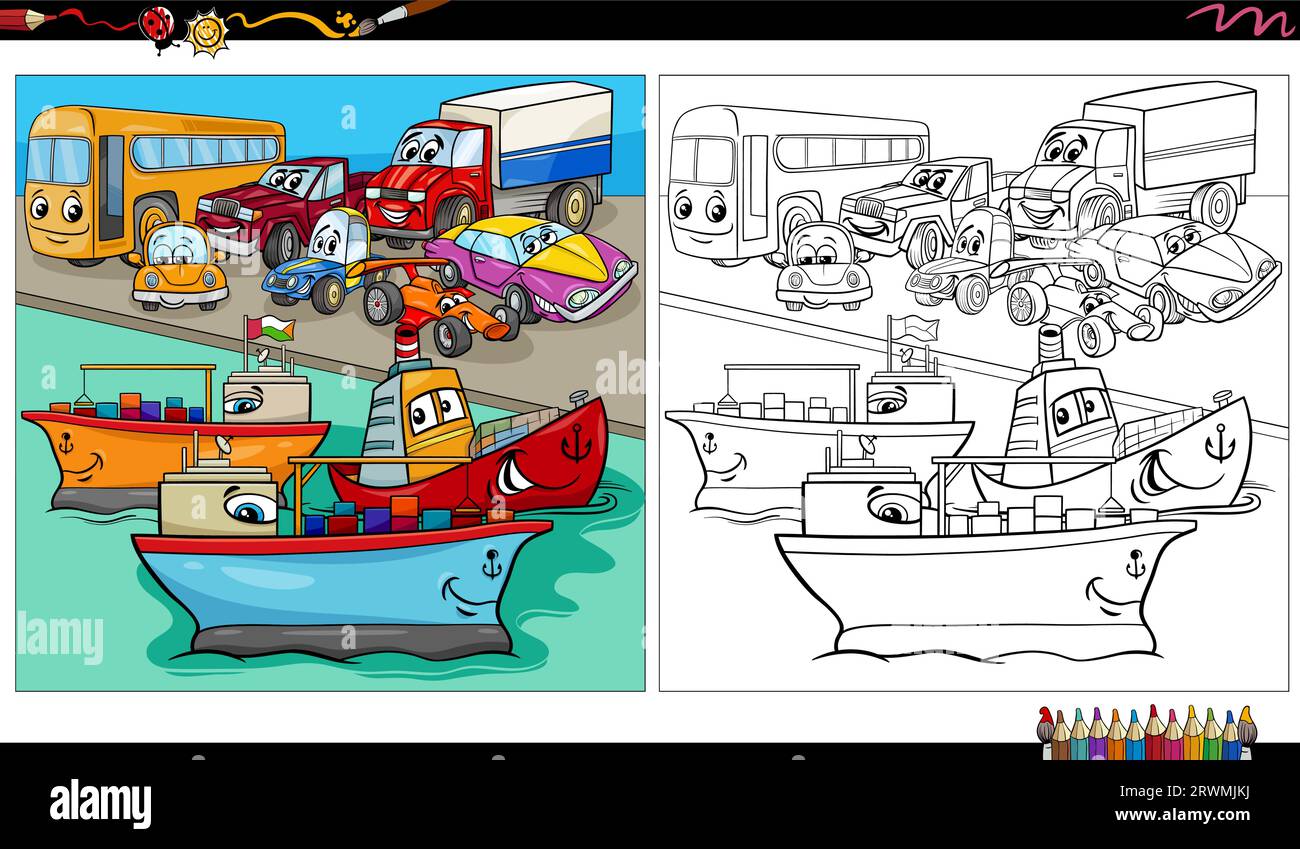 Cartoon illustrations of funny transportation vehicles and ships ...