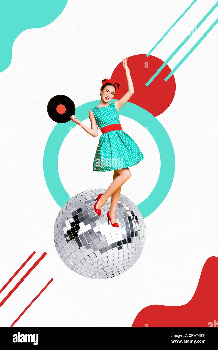 Collage illustration of young lady dancer vinyl disc shining party ...