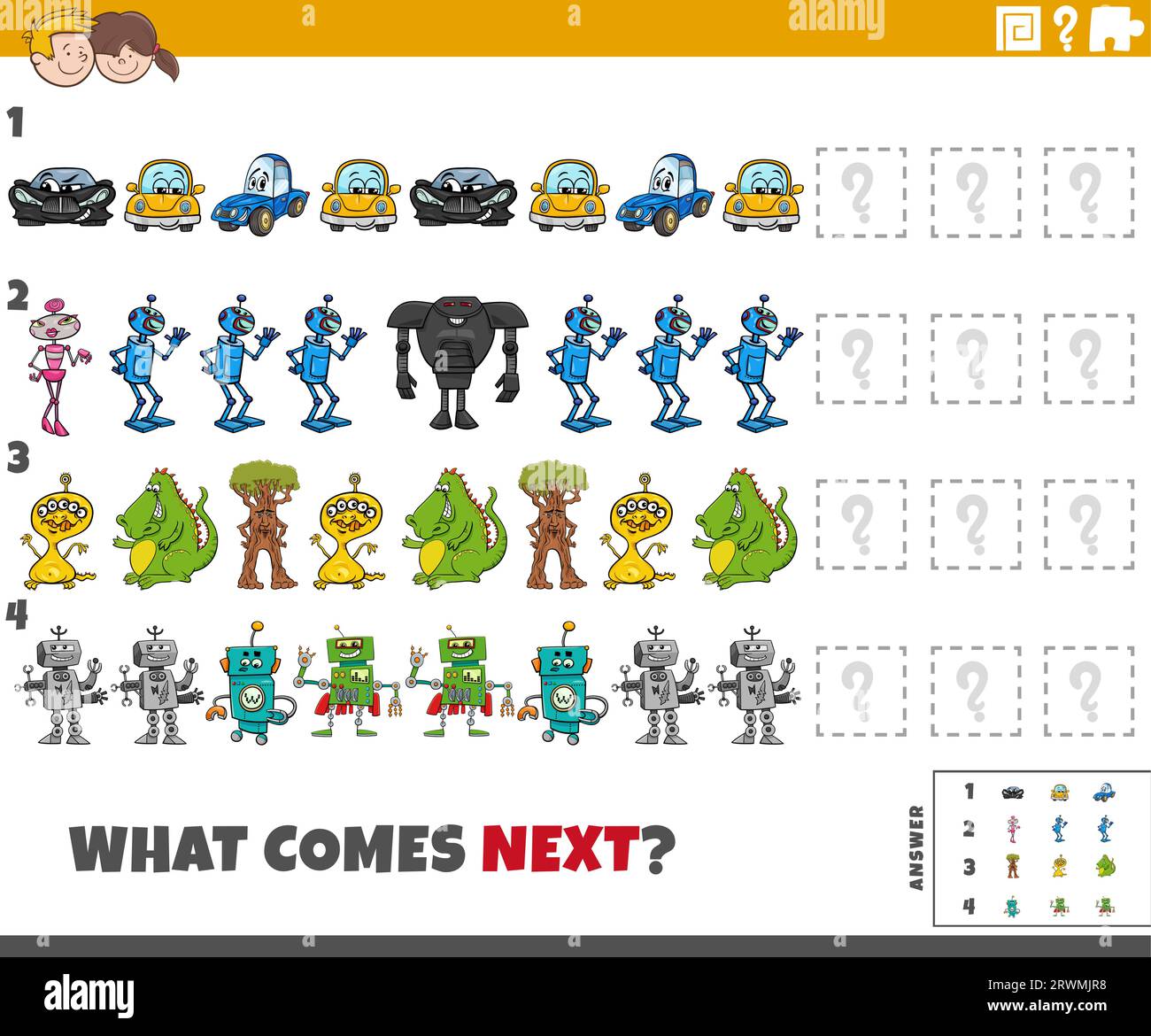 Cartoon illustration of completing the pattern educational game for ...