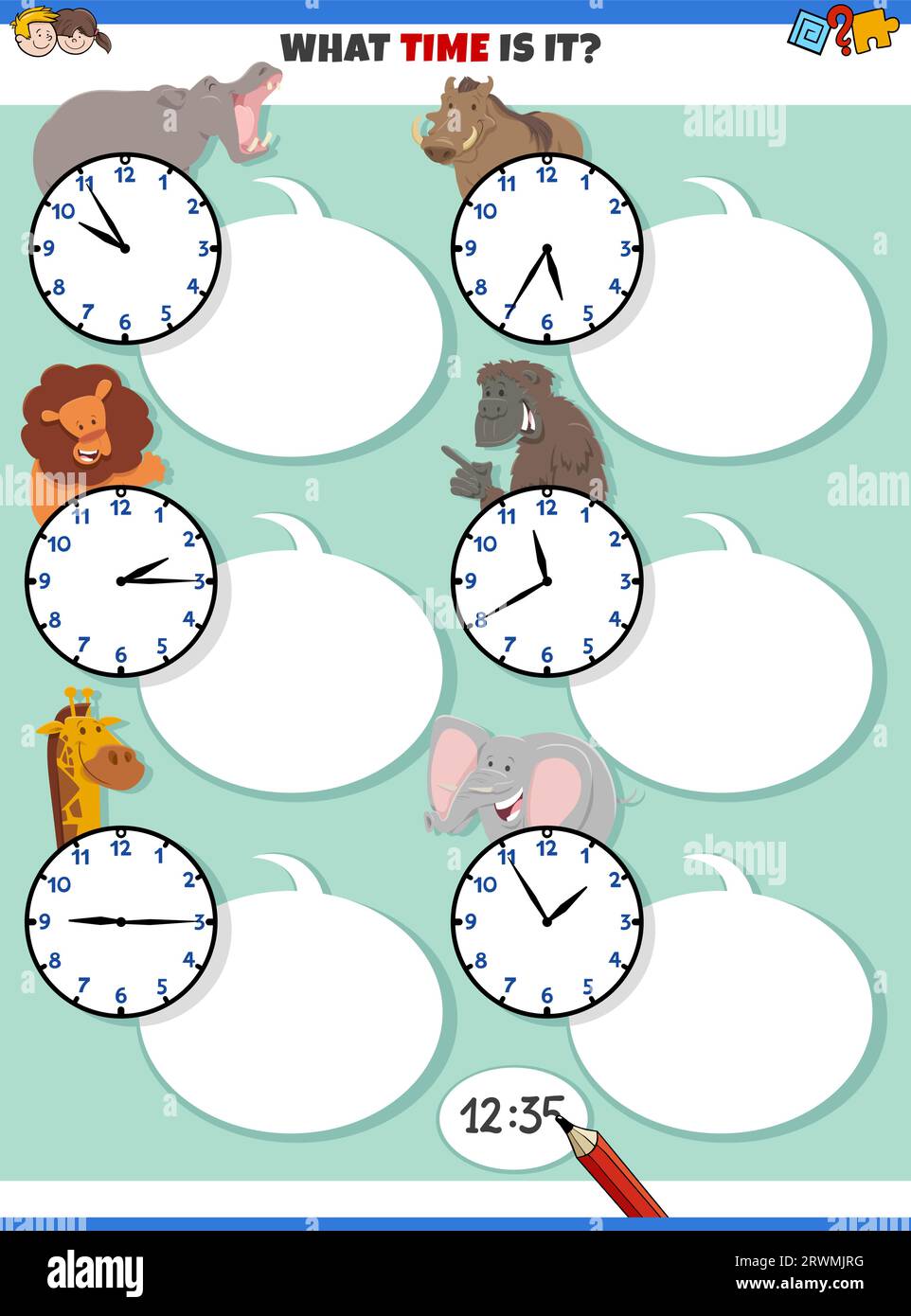 Cartoon illustrations of telling time educational activity with clock ...