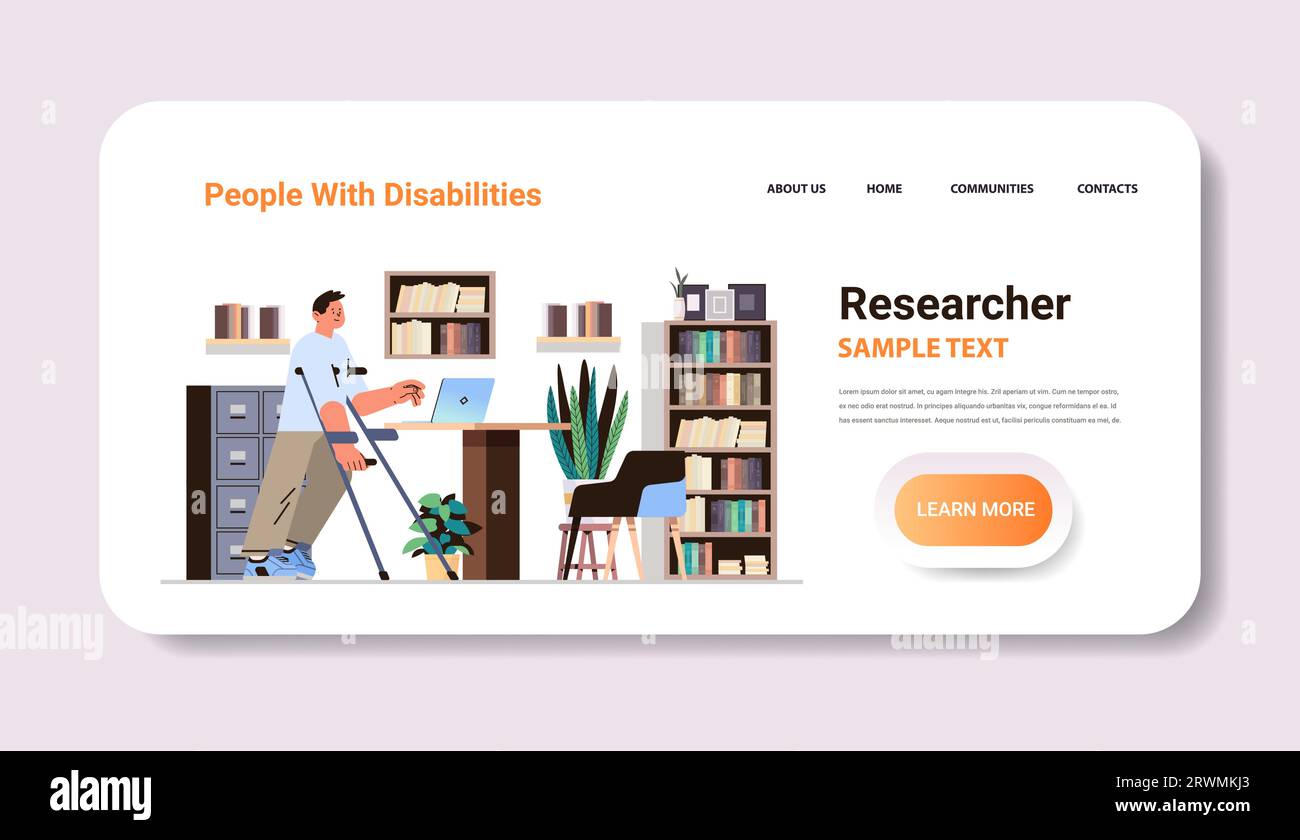 disabled man standing with walking stick in office people with ...