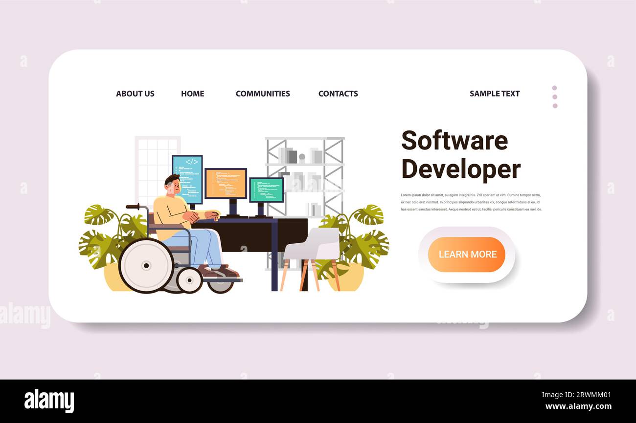 disabled man programmer in wheelchair sitting at workplace software development people with ...